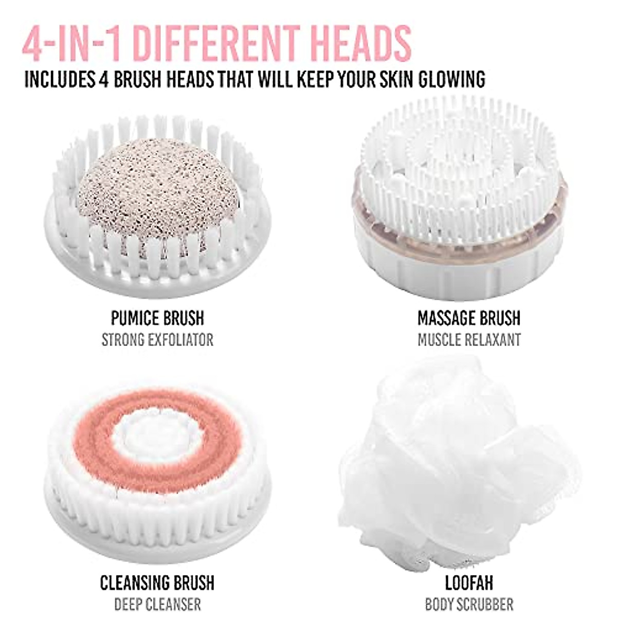 Brookstone 6 Piece Electric Body Bath Brush | Long Handled Body Scrubber and Facial Cleansing Brush | Battery Powered Shower Brush with 4 Spin Brush Heads