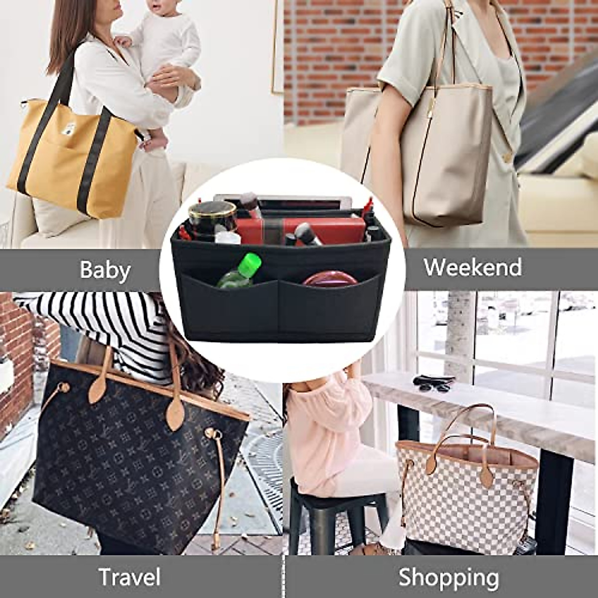 Lmeison Purse Organizer Insert for Handbags, Tote Bag Organizer with Zipper, Purse Insert for Marc Jacobs, Neverfull Mm Speedy and More, Black, Medium