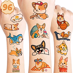 8 Sheet (96Pcs) Corgi Temporary tattoos for Kids, Pet Dog Birthday Party Decorations Favors Supplies Super Cute Tattoos Sticker Gifts for Boys Girls Baby Shower Prizes Rewards Christmas