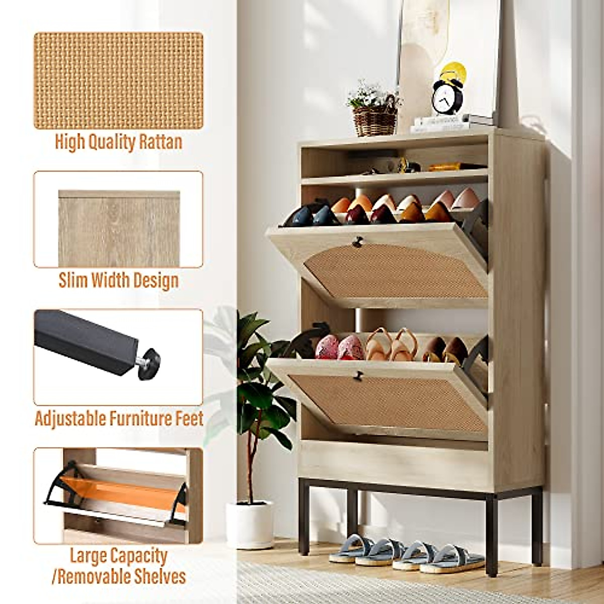 Wanttii Rattan Shoe Cabinet with Charging Station, Shoe Storage Cabinet with 2 Flip Drawers, Slim Shoe Storage for Entryway, Hallway, Living Room (Natural)