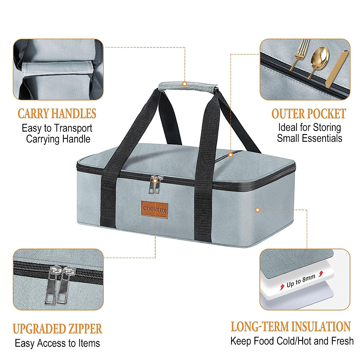 Cooklux Insulated Casserole Carrier - Single Layer Design, Food Warmer Bag for Hot&Cold Food Travel, Fits 9x13 Casserole Dish, Leak-Proof, Durable Nylon, Zip Pockets, Grey