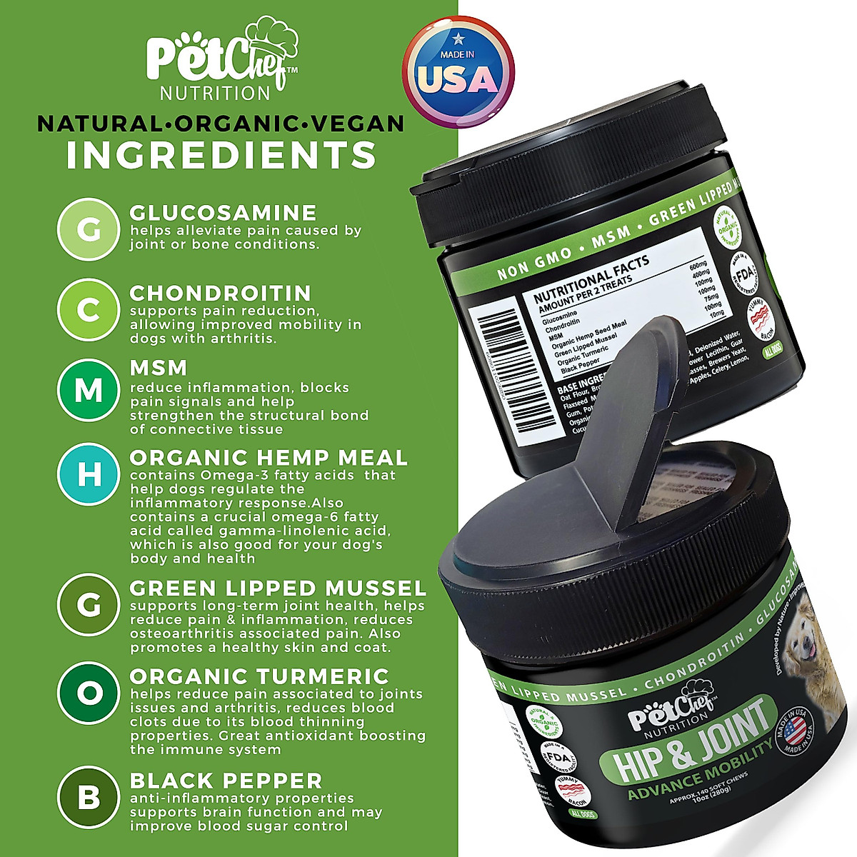 Pet Chef Advanced Dog Hip & Joint Supplement Treat - Glucosamine, Chondroitin & Turmeric MSM Breeds-Reduce Pain, Inflammation & Arthritis. Super Dog Hip & Joint Treat. Renews All Dogs.