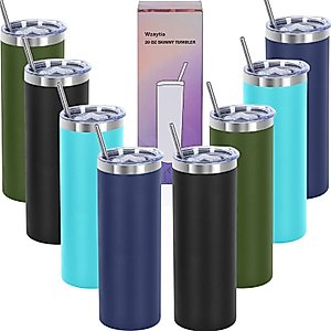 Wzaytia 8 Pack 20 Oz Skinny Tumblers Straight, Stainless Steel Skinny Tumbler Bulk, Individually Gift Boxed, Insulated Slim Thin Travel Tumbler Cup, Mixed Color