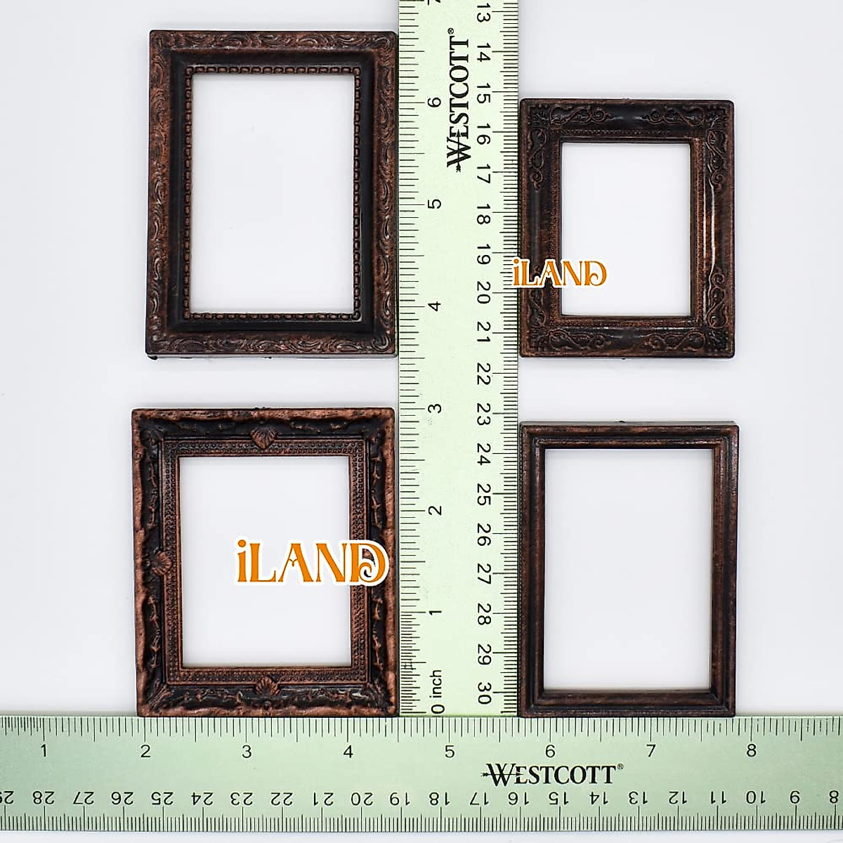 iLAND Miniature Dollhouse Accessories for Dollhouse Furniture on 1:12 Scale, Dollhouse Frames w/Printed Classic Paintings Set (4 Dark Brass Frames & Pictures)