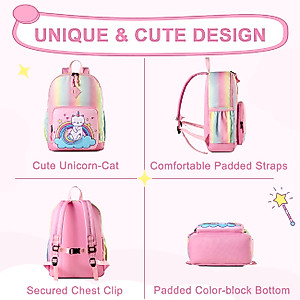 VASCHY Backpack for Little Girls, Cute Rainbow Glitter Lightweight Water Resistant Preschool Backpack Bookbag for Kids,Toddlers Kindergarten School Bag Cat