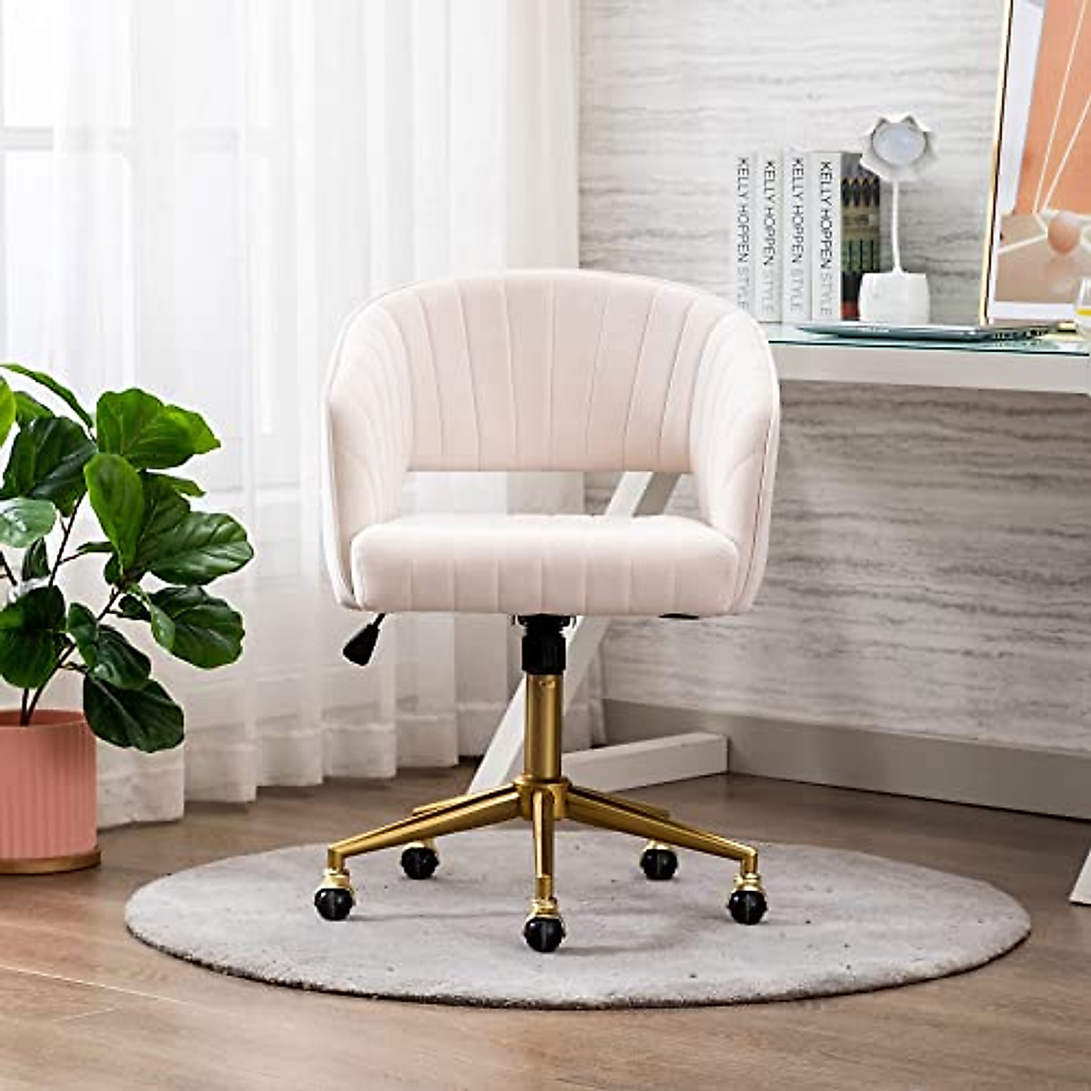 Home Office Chair Swivel Velvet Desk Chair Accent Armchair Upholstered Modern Tufted Chairs with Gold Base for Girls Women Ergonomic Study Seat Computer Task Stools for Living Room(Cream)