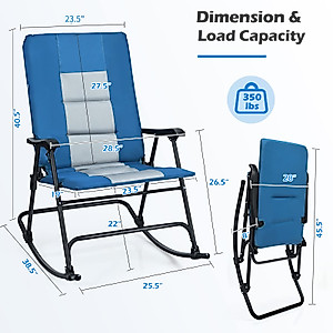 Tangkula Folding Rocking Chair, Foldable Camping Rocking Chair with Padded Seat High Back & Armrest, Support 350 lbs, Portable Chair for Indoor Outdoor Patio Lawn Backyard (1, Blue)