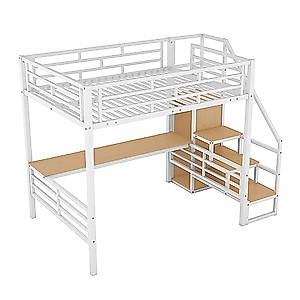 CITYLIGHT Full Size Loft Bed with Staircase and Desk, Metal Loft Bed Frame with Wardrobe and Storage Shelves, Full Loft Bed with Desk for Kids, Teens, Boys & Girls (Full, White)