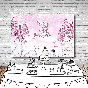 MEHOFOND 7x5ft Winter Baby Shower Backdrop Baby It's Cold Outside Background Pink Watercolor Artic Animals Penguin Baby Shower Party Banner Decorations Photo Booth Props