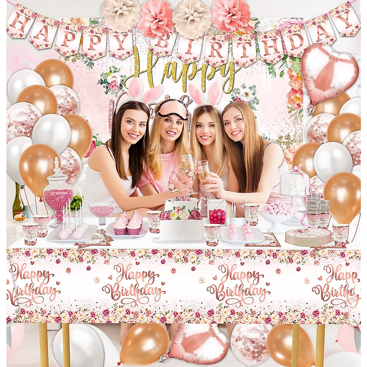 Haimimall 110 Pcs Boho Birthday Party Decorations Backdrop Pink Rose Gold Floral Balloons Happy Birthday Banner Tableware Set Include Plates Cups Cake Topper and Tablecloth for Baby Shower Girl Women
