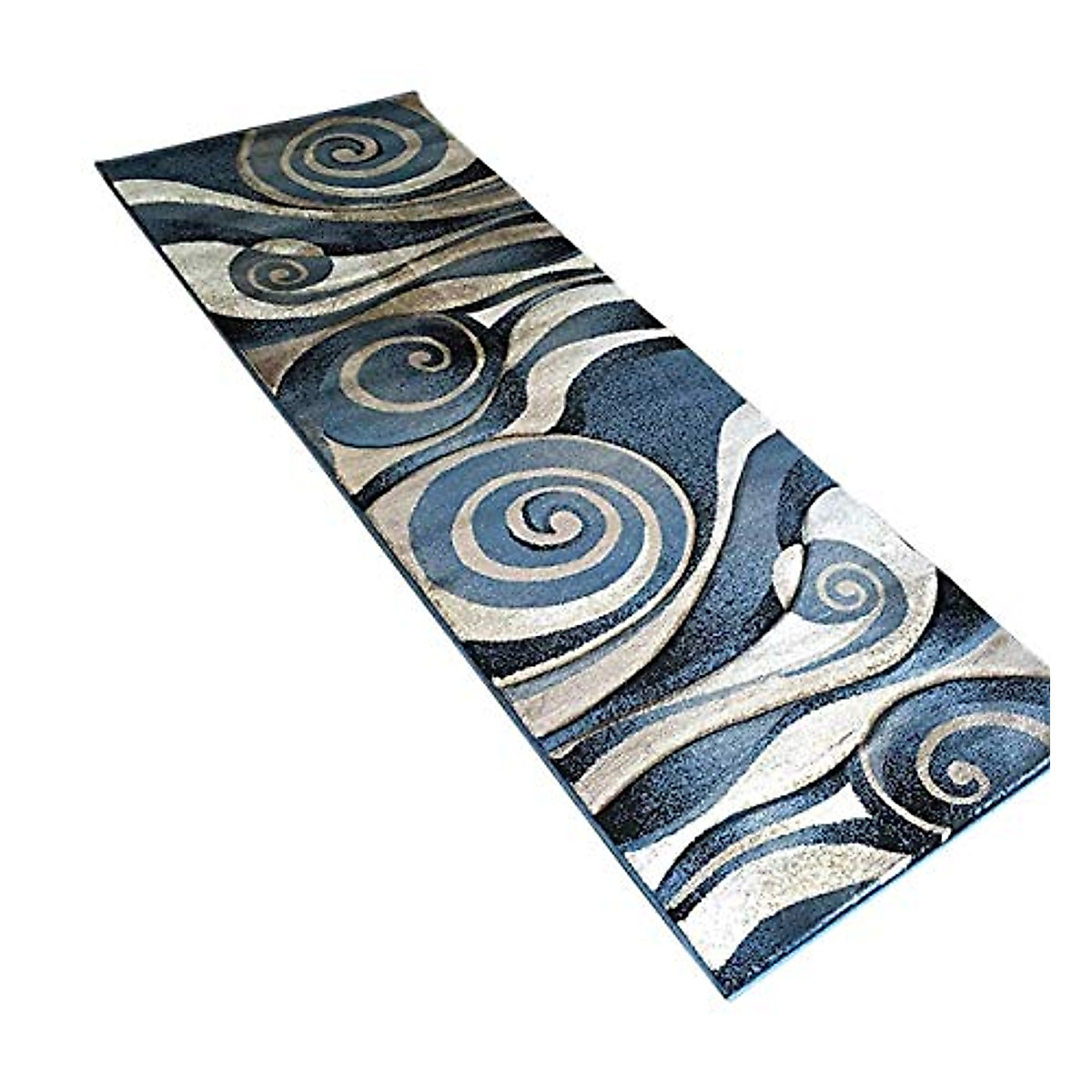 Nikos Modern Wide Runner Area Rug Blue Sculpture Design 258 (32in.X7ft.)