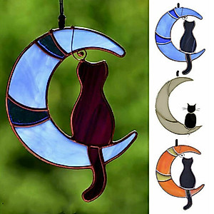 Black Cat Decor On White Moon, Stained Glass Window Hangings, Cat Suncatcher Window Panels Hangings Sun Catcher Ornament Decoration for Wall Home Garden Decor Bird cat, Gift for cat Lovers (Orange)