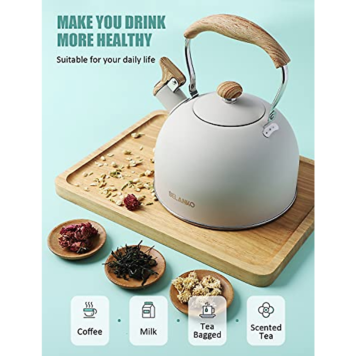 Tea Kettle, BELANKO 85 OZ / 2.5 Liter Whistling Tea Kettle Pots for Stove Top Food Grade Stainless Steel with Wood Pattern Folding Handle, Loud Whistle for Tea, Coffee, Milk - Milk White