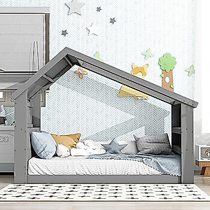GEEVIVO Twin House Floor Bed for Kids, Twin Bed Frame with LED Light, Roof, Storage Headboard & Footboard, Wood Tent/Cabin Beds for Girls Boys Teens, No Box Spring Needed (Gray)