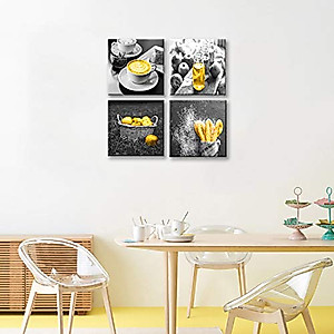 Oreichar Art Food Wall Art Black and White Coffee Bread Canvas Print Painting Yellow Picture for Cafe Dining Room Restaurant Kitchen Decoration (12"x12"x4pcs)