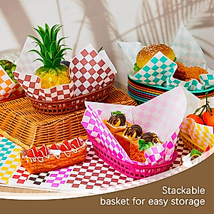 Tenceur 64 Pcs Fast Food Basket 400 Sheets Checkered Deli Liner Plastic Baskets for Food Basket Liners Plastic Food Trays with Parchment Paper for Restaurant Party Hot Dog Bread Burger, 8 Colors