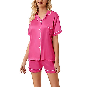 Schbbbta Satin Pajamas for Womens, 2 Pcs Sleepwear Short Sleeve Silk Satin Pajama Outfit for Girls, Hot Pink, US S