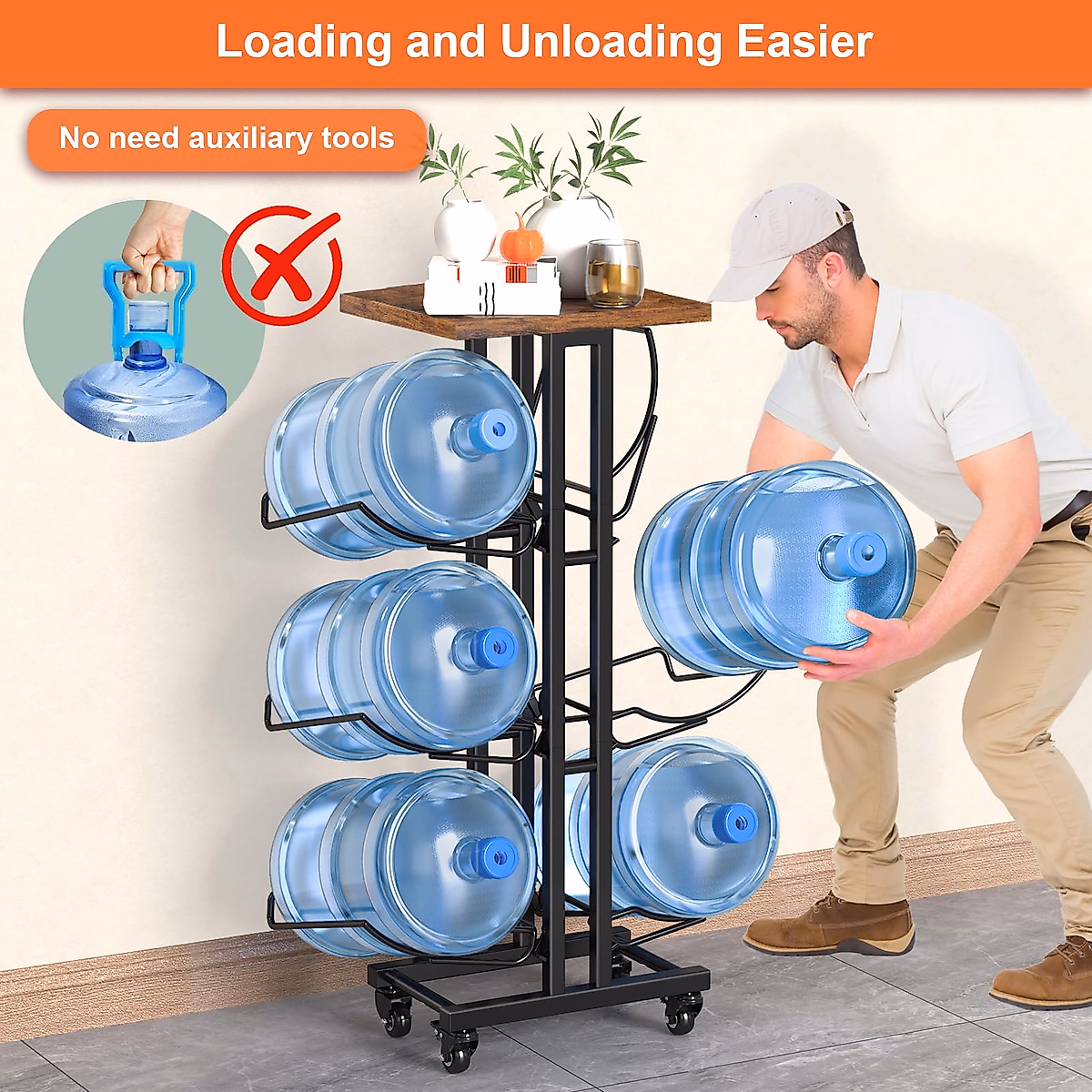 5 Gallon Water Jug Holder,3 Tier Foldable Heavy Duty Water Jug Stand Water Bottle Holder Organizer with Lockable Casters Water Dispenser Stand Rack with Removable Wood Top Shelf for 6 Bottles
