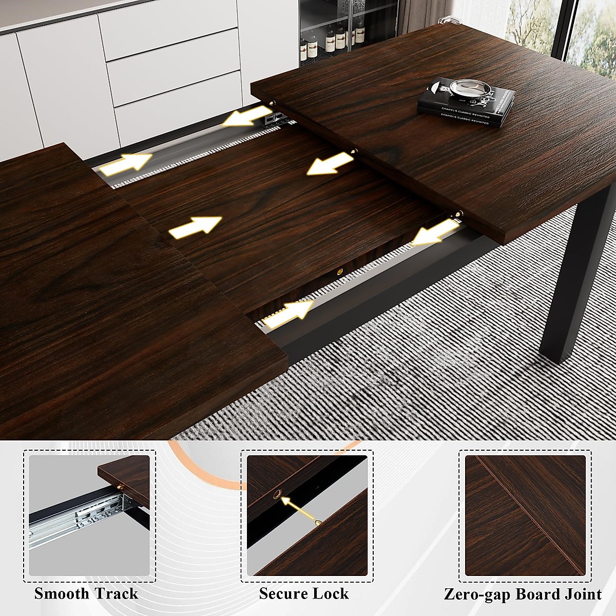 iPormis 5-Piece Dining Table Set for 4-8 People, Extendable Kitchen Table Set with 2 Benches and 2 Square Stools, Mid-Century Dining Room Table with Metal Frame & MDF Board, Saving Space, Espresso