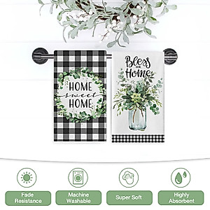 Seliem Summer Eucalyptus Greenery Kitchen Dish Towel Set of 2, Buffalo Plaid Check Absorbent Hand Drying Baking Cooking Cloth, Spring Seasonal Farmhouse Decor Bless Our Sweet Home Decorations 18 x 26