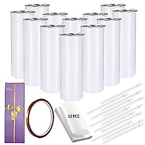 YOUKE OLA 12 Pack Straight Skinny Sublimation Tumblers 20oz for Heat Transfer, Bulk Sublimation Blanks Individually Boxed, Double Wall Insulated Tumbler with Shrink Films & Heat Tape, White (12)