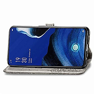 SATURCASE Case for Oppo Reno2 Z, Mandala Embossing PU Leather Flip Magnet Wallet Stand Card Slots Protective Cover with Hand Strap for Oppo Reno2 Z (Gray)