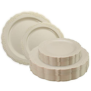 80 Pcs Cream Plastic Party Plates Set - 40 Large 10.25 in Dinner Plates - 40 Small 7.5 in. Salad/Dessert Plates - Heavy Duty Disposable China - Fancy Caterers Victorian Design - Bpa Free (Cream)