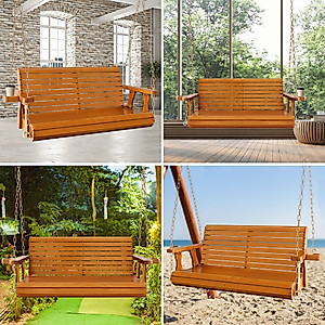 4FT Wooden Porch Swing w/Cupholders,Heavy Duty 800LBS Outdoor Swing Bench w/Chains,Patio Roll Back Swing Chair Bench,Front Porch 2-Person Hanging Bench,for Garden Courtyard Lawn & Balcony Backyard
