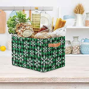 Christmas Buffalo Plaid Collapsible Cube Storage Basket BinS, Check Snow Large Foldable Toys Decorative Organizers With Handles For Closet Shelf Office Cabinet Bedroom Playroom