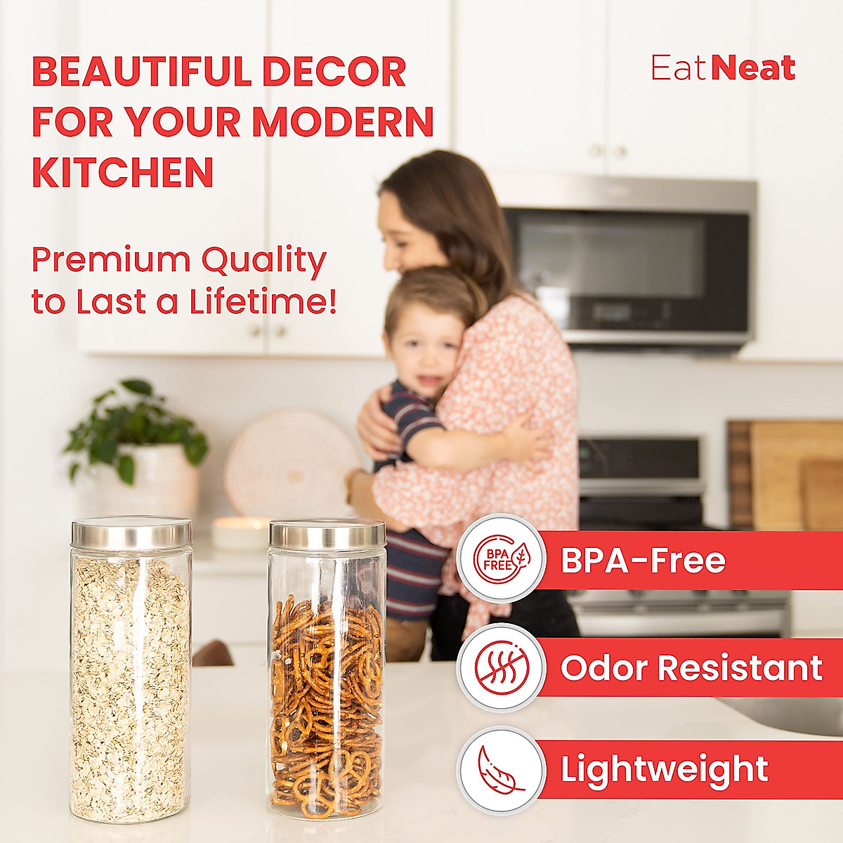 EatNeat 6 Piece Glass Canisters with Airtight Stainless/Snap Locking Lids - Tall Storage Glass Jars for Pantry & Kitchen