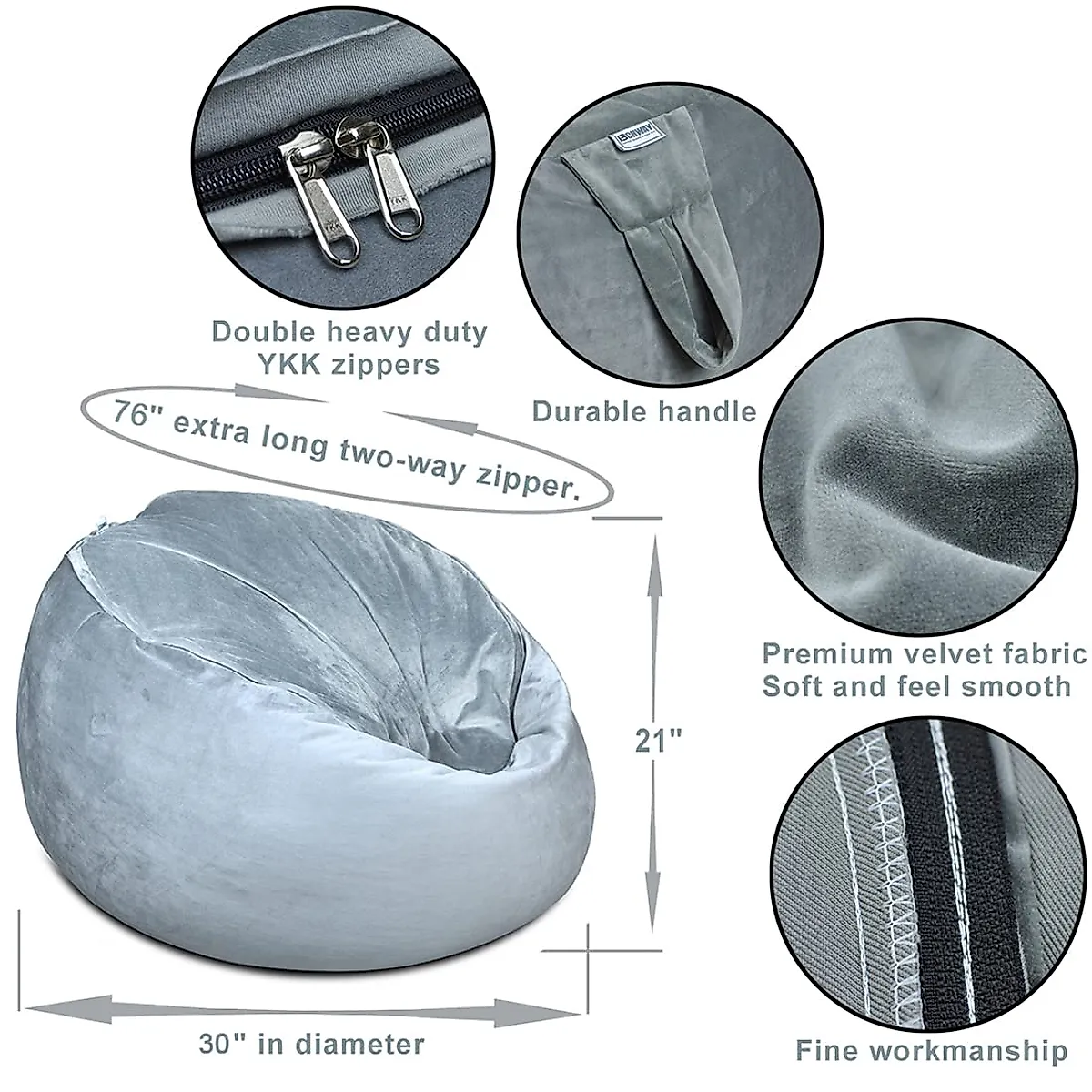 Bean Bag Chair Cover, Stuffed Animal Storage, Plush Toys Organizer Holder, Beanbag Chairs Cover for Kids Teans and Adults Super Soft and Comfortable Fabric X-Large with Handle and Zipper -Round Grey