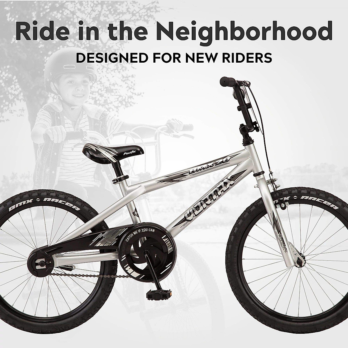 Pacific Vortax BMX Style Kids Bike, for Boys and Girls Ages 6+ Year Old, Single Speed, 20-Inch Wheels, Adjustable Seat, Durable Frame, Coaster and Hand Brake, Silver