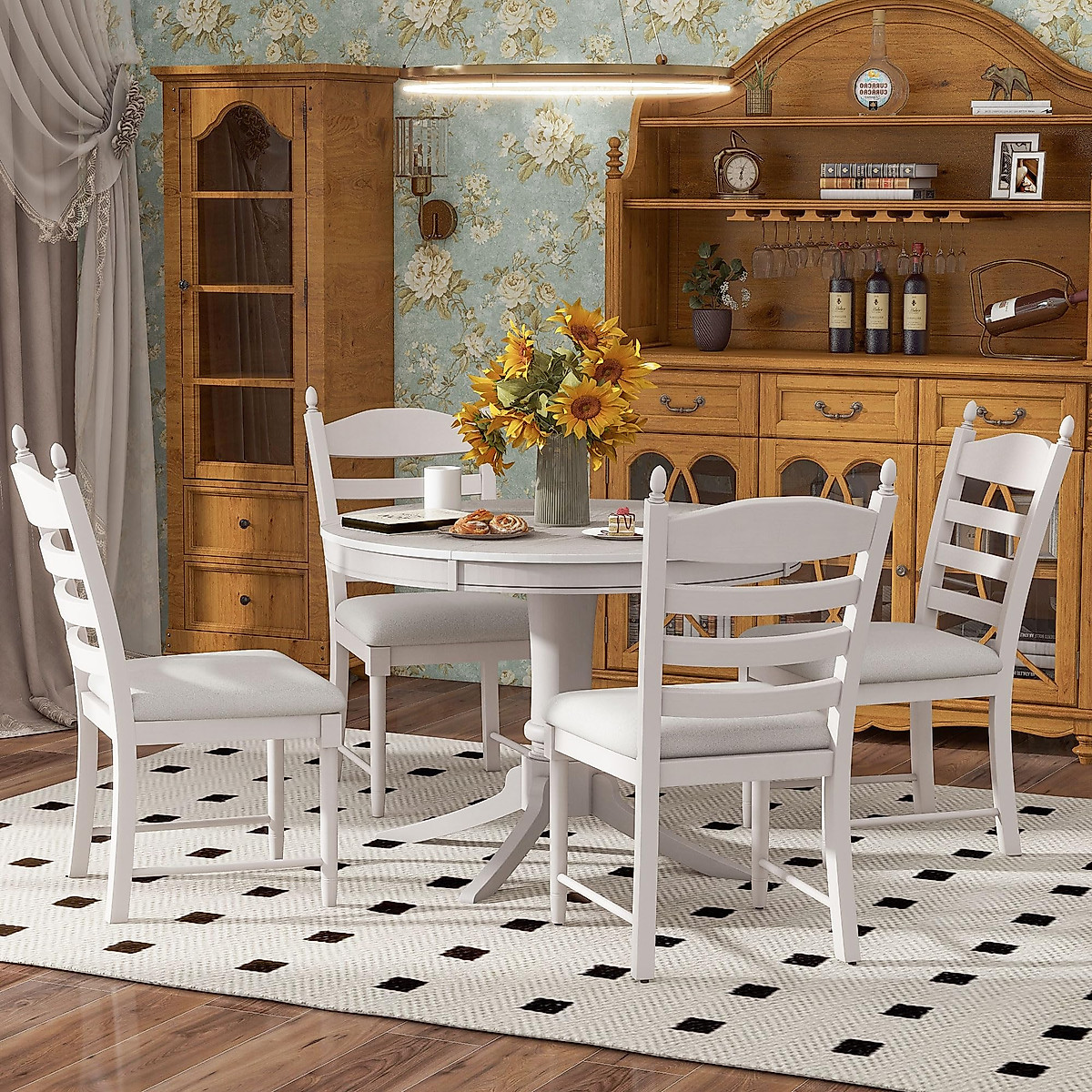 P PURLOVE 5 Piece Round Dining Table Set, Functional Furniture Retro Style, Round Table with a 16" W Leaf and 4 Upholstered Chairs, Dining Set for Dining Room and Living Room (Walnut)