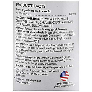 Nutri-Vet Aspirin for Dogs, Fast Pain Relief Liver Flavoured Chewable Tablets For Small Dogs, 120mg - 100 Ct