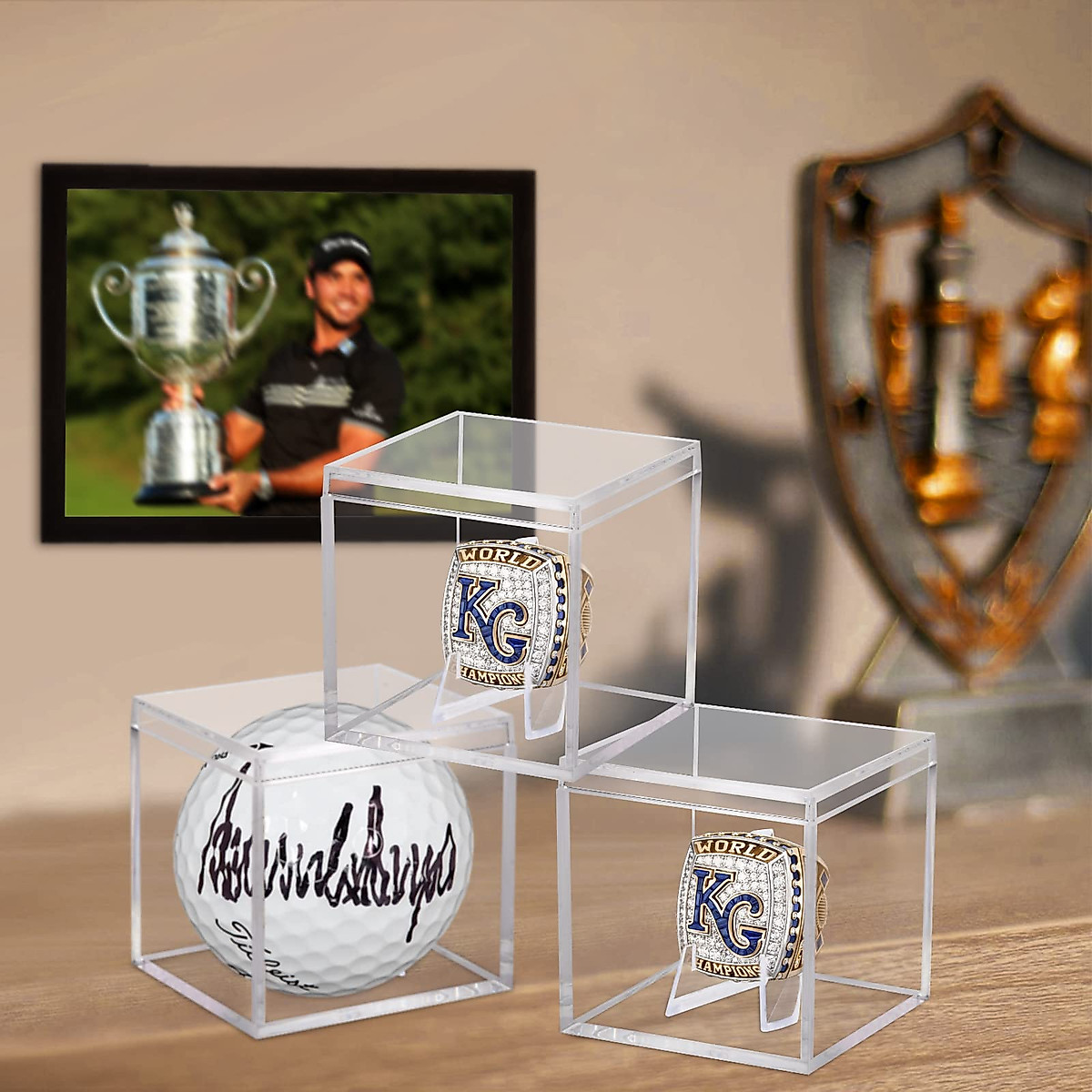 3 Pack Championship Ring Display Case Clear Acrylic Display Case Mini Baseball Softball Ring Display Case Single Ring Display Stand Holder 1 Slot Ring Hole Storage Box Gift for Sports Fans, 2.16 Inch
