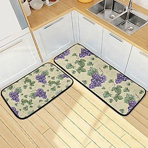 ALAZA Purple Grape Green Leaves Kitchen Rug Set, 2 Piece Set, Non-Slip Floor Mat for Living Room Bedroom Dorm Home Decor, 19.7 x 27.6 Inch + 19.7 x 47.2 Inch