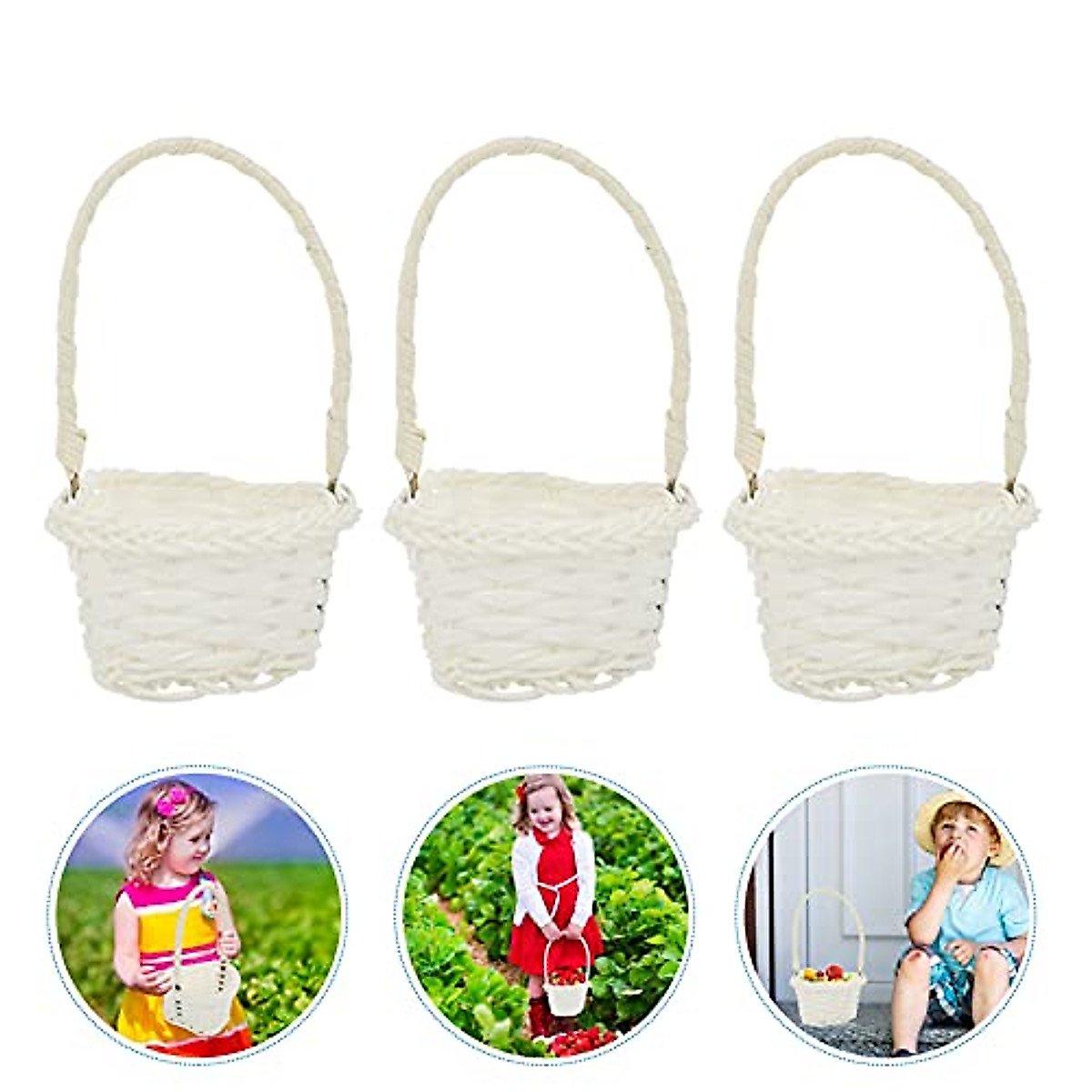 6pcs Flower Basket with Handle Wicker Rattan Flower Basket Handwoven Basket Picnic Candy Baskets for Home Shop Restaurant Flower Decor Heart White