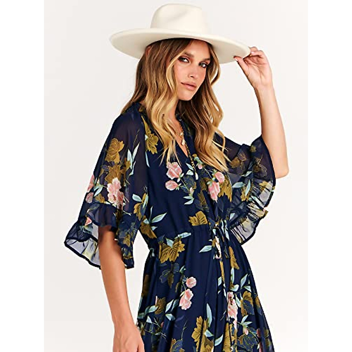 ANRABESS Women's Summer Ruffle Maxi Dress Floral Print 3/4 Bell Sleeve V Neck High Waist Flowy Boho Long Dress 746fenchahua-M