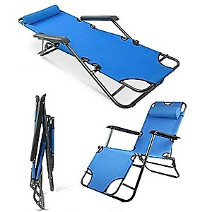 Patio Lounge Chair, Foldable Outdoor Beach Lounge Chairs Reclining Sun Pool Lawn Chaise with Pillow for Camping Patio Lawn (Blue)