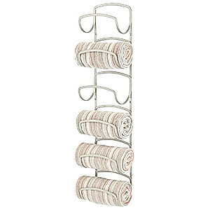 mDesign Steel Towel Holder for Bathroom Wall - Wall Mounted Organizer for Rolled Towels and Bath Robes - Six Level Wall Mount Towel Storage Rack - Bathroom Towel Organizer - Hyde Collection - Satin