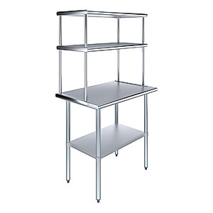 24" x 36" Stainless Steel Work Table with 18" Wide Double Tier Overshelf | Metal Kitchen Prep Table & Shelving Combo