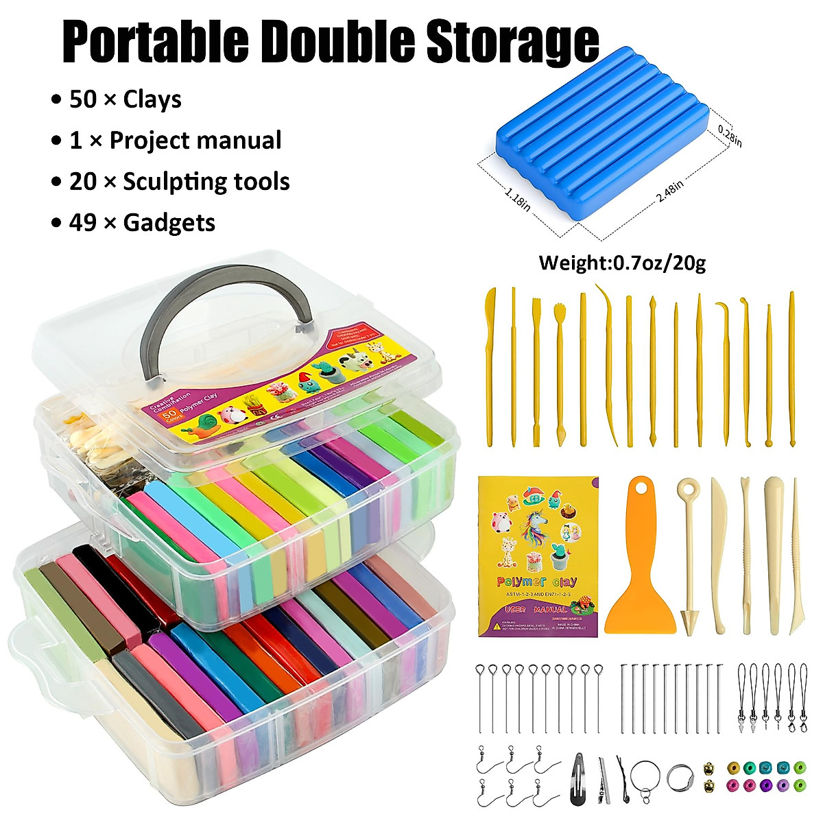 Polymer Clay 52 Colors, Modeling Clay for Kids, Non-Sticky Oven Bake Clay with Sculpting Tools and Accessories, Halloween Christmas Gift for Children and Artists.