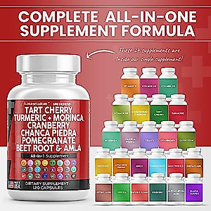 Tart Cherry Extract Capsules 20,000mg with Turmeric 8000mg Moringa 4000mg Cranberry 2000mg Chanca Piedra Celery Quercetin Beet Root ACV Pomegranate L Selenomethionine - Uric Levels - 120 Ct USA