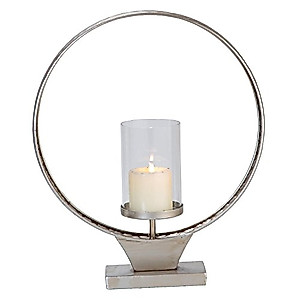 Foreside Home & Garden Large Hammered Metal Round Ring Pillar Candle Holder, Small, Silver