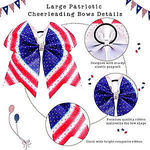 OAOLEER 6 Count USA Cheer Hair Bows, 8In Grosgrain Ribbon Boutique Large Cheerleader Bows with Elastic Tie Band for Competition, Independence Day, Girls, Teens, Kids, Blue / Red / White