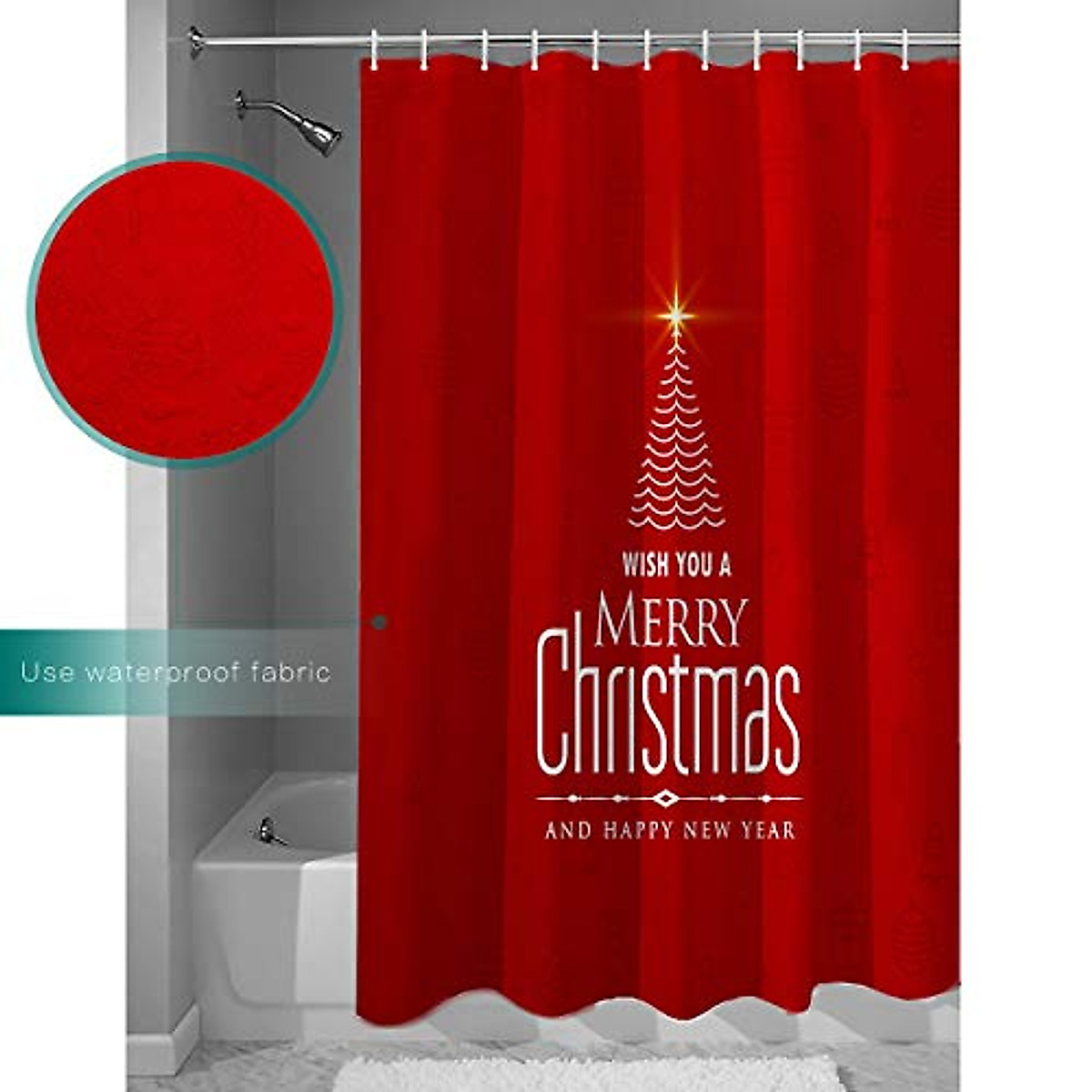 Shower Curtains for Bathroom Decoration Merry Christmas and Happy New Year Red Backdrop Pattern Waterproof Polyester Fabric 72" Wx72 L with Hooks, Machine Washable