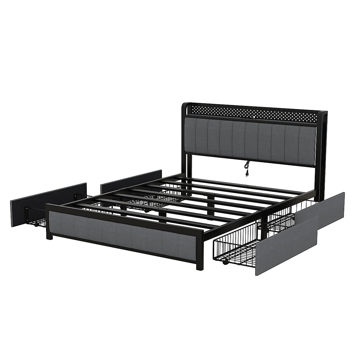 Queen Bed Frame with 4 storage drawers and LED light, LED Bed Frame Queen Size with Shelf Storage Headboard, Upholstered Platform Bed with LED Lights, Solid Wood Slats, Stable Structure (Dark Grey)