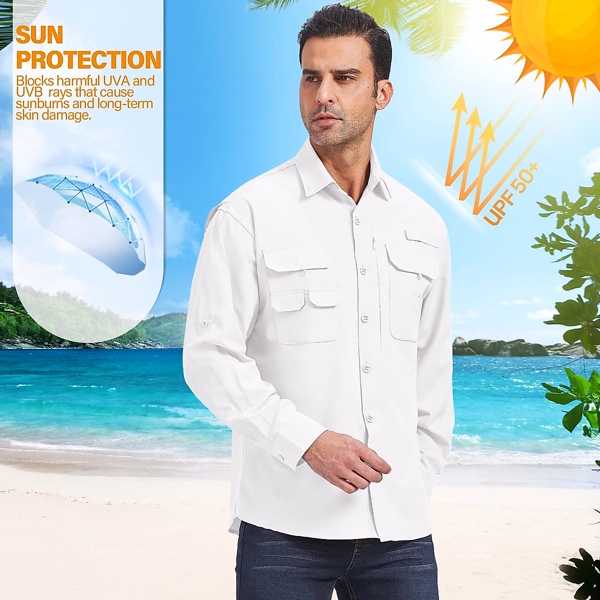 linlon Mens Safari Shirts Long Sleeve UV Protection Hiking Fishing UPF 50+ Quick Dry Cooling Camping Travel Shirts#5066-White-XXL