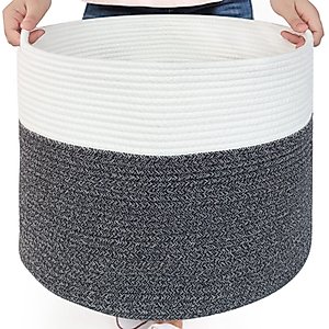 Rope Storage Basket with Handles Large, Cotton Woven Blanket Basket Nursery Hamper Bin, 16" x 16" x 14" Organizer for Toys, Laundry, Books and Baby Blankets