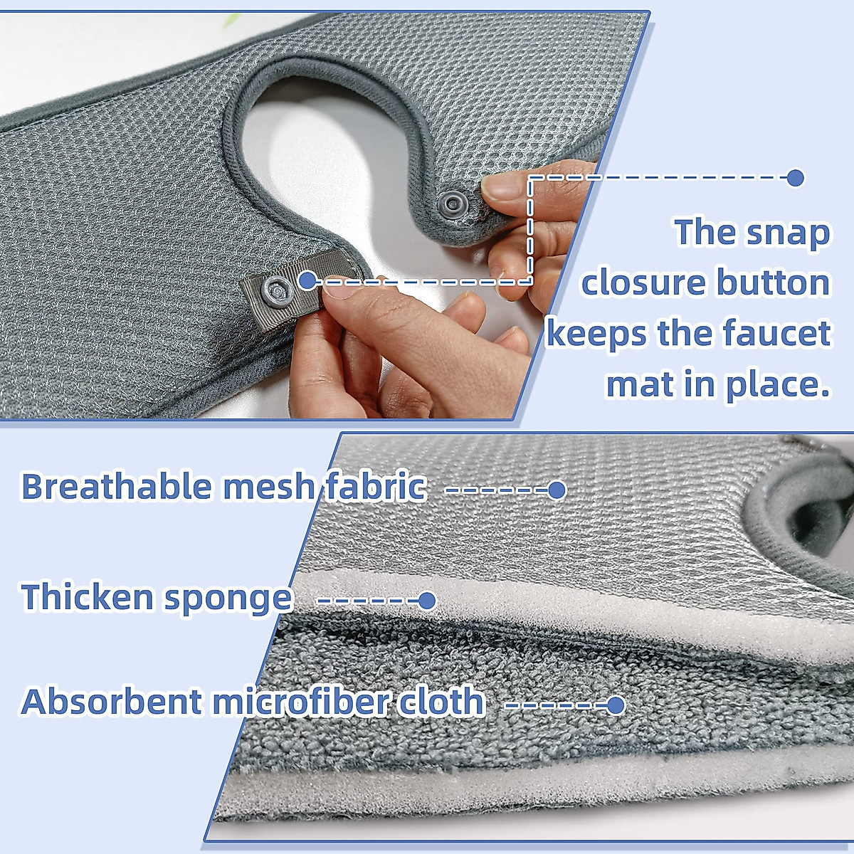 LOPNUR 2 Pack Faucet Mat for Kitchen Sink, 24 inch Long Kitchen Sink Splash Guard Behind Faucet, Thicken Sponge Microfiber Faucet Absorbent Mat, Machine Washable Faucet Splash Catcher, Gray